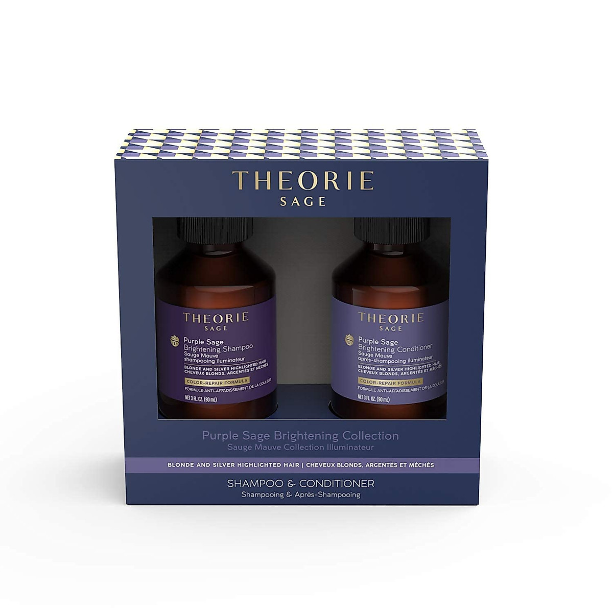 THEORIE Purple Sage Travel Set - Brightening Shampoo & Conditioner minis - Color Repair Formula - Eliminate Brassiness & Yellowing - Suited for Blonde & Highlighted Hair, Bottles 90mL each