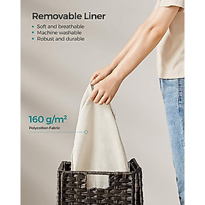 SONGMICS Storage Basket with Lid, 9.2 Gallon (35L) Storage Bin, Woven Blanket Storage Basket with Handles, Foldable, Removable Liner, Metal Frame, for Bedroom, Laundry Room, Brown URST040K01