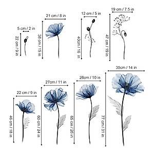 decalmile Large Blue Flower Wall Decals Floral Plants Wall Stickers Bedroom Living Room Kitchen Wall Decor Gifts for Mom