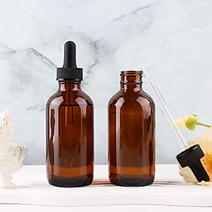 Comrzor 42 Pack 4oz Amber Glass Bottles with Glass Eye Droppers for Essential Oils, Perfumes & Lab Chemicals (Brush, Funnels, 3 Extra Droppers, 48 Pieces Labels & 30ml Measuring Cup Included)