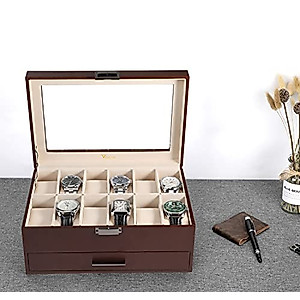 Voova Jewelry Box Watch Boxes Organizer for Men Women, 2 Layer Large 12 Slot PU Leather Watch Storage Case, Glass Top Jewelry Display Holder for Watches Sunglasses Rings Necklaces Bracelets (Brown)