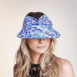Sun Visor Hat for Women,Summer Beach Hats Foldable,Wide Brim, Ponytail,Fashion Sun Shade UV Protection Soft Hat for Outdoor Blue