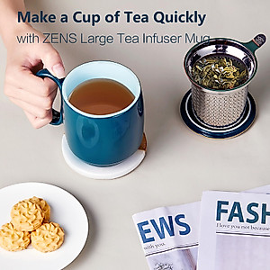 ZENS Tea Cup with Infuser and Lid, 16 Ounces Entwined Handle Porcelain Mug, Loose Tea Steeping Mug with Gold Trim Lid for Tea Gift/Navy Blue 480ML