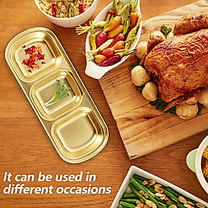 DOITOOL 2Pcs Stainless Steel Dipping Sauce Dishes, 3 Compartment Soy Sauce Dipping Bowls, Sushi Dipping Bowl Appetizer Plates Serving Dish for Soy Sauce, Ketchup, BBQ Sauce or Seasoning (Gold)