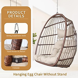 Nicesoul Outdoor Hanging Egg Chair Without Stand, Patio Wicker Swing Egg Basket Chairs with Padded Cushions, Ceiling Tree Swinging Egg-Shaped Chair No Stand for Indoor Bedroom Balcony Porch, Brown