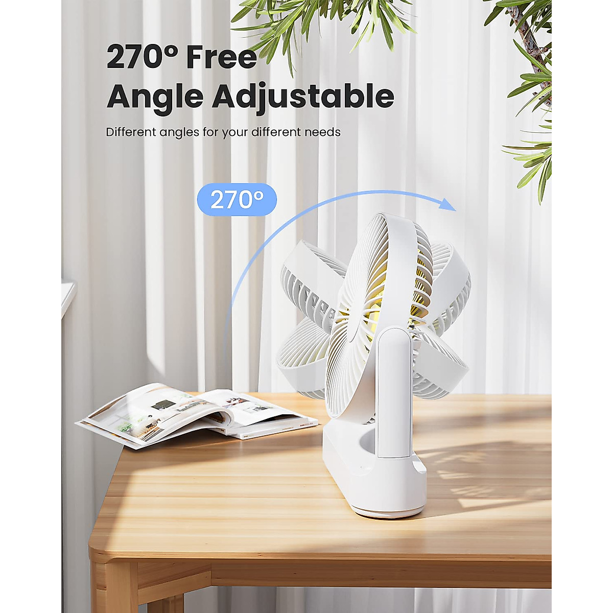 Otlonpe Desk Fan Battery Operated, 6.5 Inch Small Table Fan, 4000mAh Rechargeable Portable Fan 270° Adjustable, Hook, 4 Speeds Powerful Personal Fan for Travel Home Office (White)
