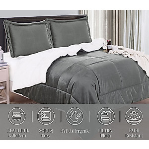 Elegant Comfort Super Soft Sherpa Comforter 3-Piece Set Premium Quality, Heavy Weight Reversible Down Alternative Micro-Suede, Sherpa Comforter, Cal King, Silver Gray
