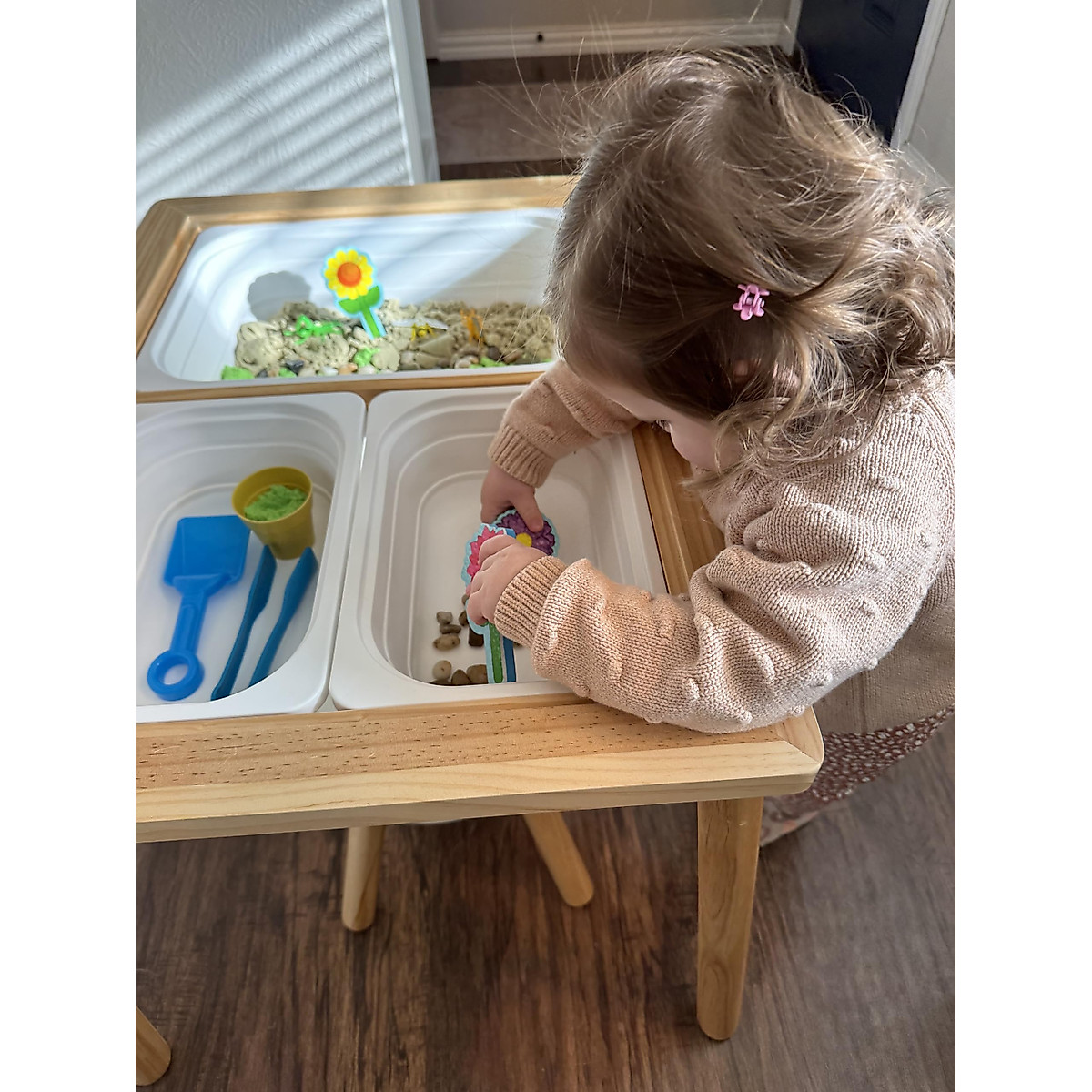 Beright Kids Table and Chair Set, Indoor Sensory Table with 2 Chairs and 3 Storage Bins, Play Sand Water Table for Toddlers, Wooden Activity Table, for Birthday, Christmas