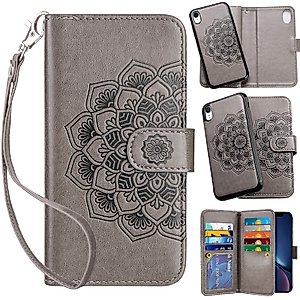 Vofolen Case for iPhone XR Case Wallet Card Holder Leather PU Flip Cover Folio Detachable Magnetic Slim Shell Dual Layer Heavy Duty Protective Bumper Armor Wristband for iPhone XR 10R Mandala Grey