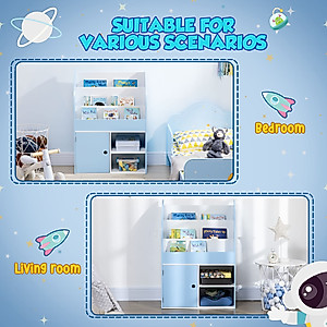 Qaba Bookshelf, Multi-Purpose Kids Toy Storage Organizer for Preschool & Early Reading, Kids Bookcase with Cabinet, Childrens Bookshelf, Book Organizer Kids Playroom Furniture, Ages 3-8, Blue