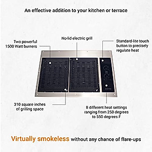 Kenyon Texan No-Lid Electric Grill, Stainless Steel Grill With Two Burners And Non-Stick Coating, Quick Heat Up, Standard Lite-Touch Control, UL-Approved For Indoor And Outdoor Use, 240V