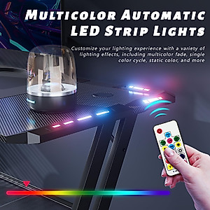 HLDIRECT 55 Inch Gaming Desk with LED Lights Carbon Fibre Surface Gaming Table Large Computer Desk Ergonomic Home Office Desks Z Shaped PC Gamer Workstations with Cup Holder & Headphone Hook Black