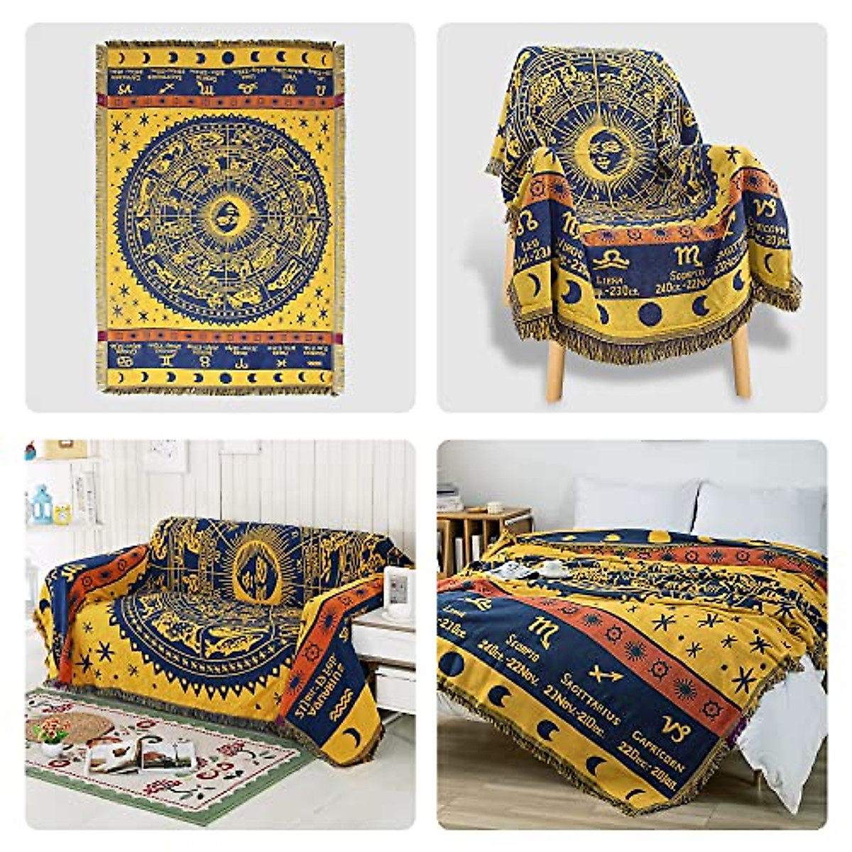 Zodiac Throw Blanket，Edcooy Boho Hippie Woven Witchy Astrology Celestial Constellation Balnket for Home Decor, Double Side Cover Chair Sofa Couch(Yellow,S 51" x 71")