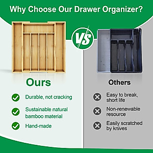 BAMBUROBA Drawer Dividers Silverware Tray Expandable Utensil Cutlery Tray Bamboo Wooden Adjustable 4 Compartments Flatware Organizer Kitchen Storage Holder for Knives Forks Spoons