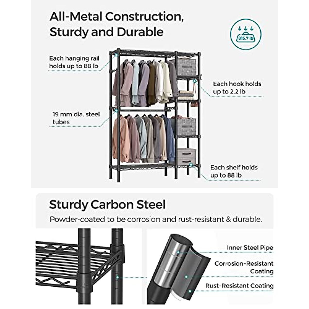SONGMICS Garment Rack Heavy Duty Clothes Rack, Freestanding Portable Wardrobe Closet for Hanging Clothes with 2 Storage Boxes, 8 Hooks, Adjustable Wire Shelves, 2 Hanging Rods, Black ULGR422B01