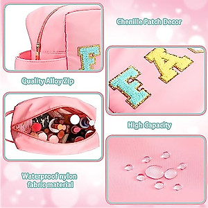 Cunno 4 Pieces Large Preppy Makeup Bag Chenille Letter Patch Makeup Bag 11x8x5 inch Nylon Cosmetic Bag Portable Zipper Face Bag Cute Girls Toiletry Bag for Women Travel (Letter Patches)