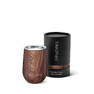 Sipworks Stainless Steel Wine Tumbler: Double-Wall Vacuum Insulated Stemless Wine Glass with Lid, 12-Ounce Mahogany