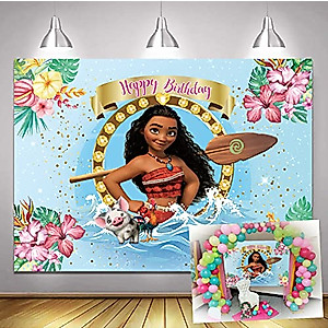 Summer Beach Baby Moana Theme Backdrops Pink Flowers Blue Water Girls 1St Birthday Party Background Baby Shower Moana Cake Table Decoration Banner Photo Studio Props (5x3ft)