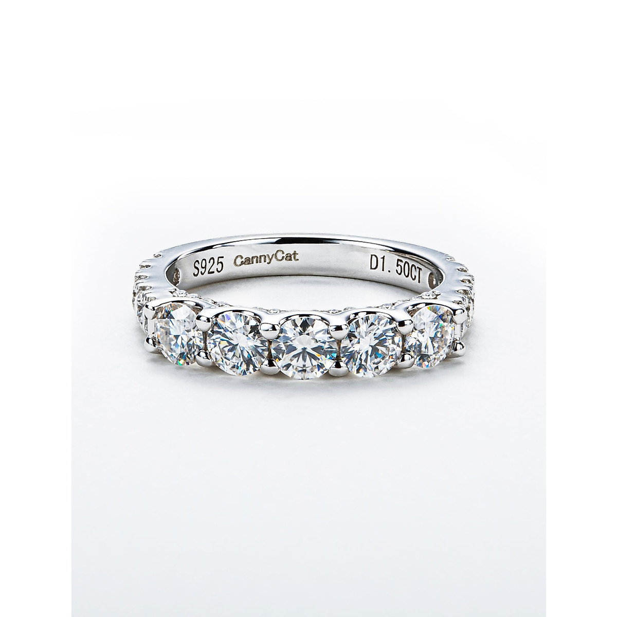 CannyCat 5 Stone Moissanite Half Eternity ring 4.0mm 2.1 CTTW Lab Created Diamond Wedding Band for Women VVS D color Moissanite Anniversary Engagement Eternity Bands Platinum Plated Silver Stacking