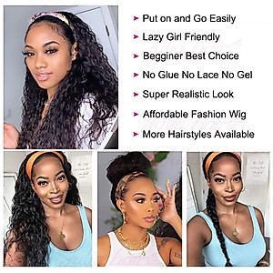Headband Wig Human Hair Water Wave Headband Wigs for Black Women Glueless Curly Wave Wet and Wavy Headband Wigs Human Hair 10A None Lace Front Wigs Easy to Wear Wig 180% Density Natural Color 22inch