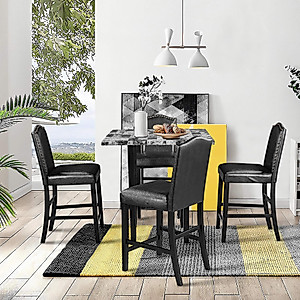 Merax 5 Piece Counter Height Pub Table Set, Dining Table Set Marble Veneer Top Kitchen Table with Bottom Shelf and 4 PU Leather Chairs (Black Chair+Gray Table)