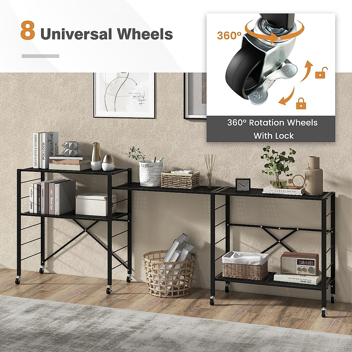 Giantex 5-Tier Folding Bookshelf with Wheels of 2, 60" Tall Foldable Black Metal Shelves for Storage, Freestanding Open Shelving Storage, Easy Assembly Bookcase Display Shelving Rack, Black