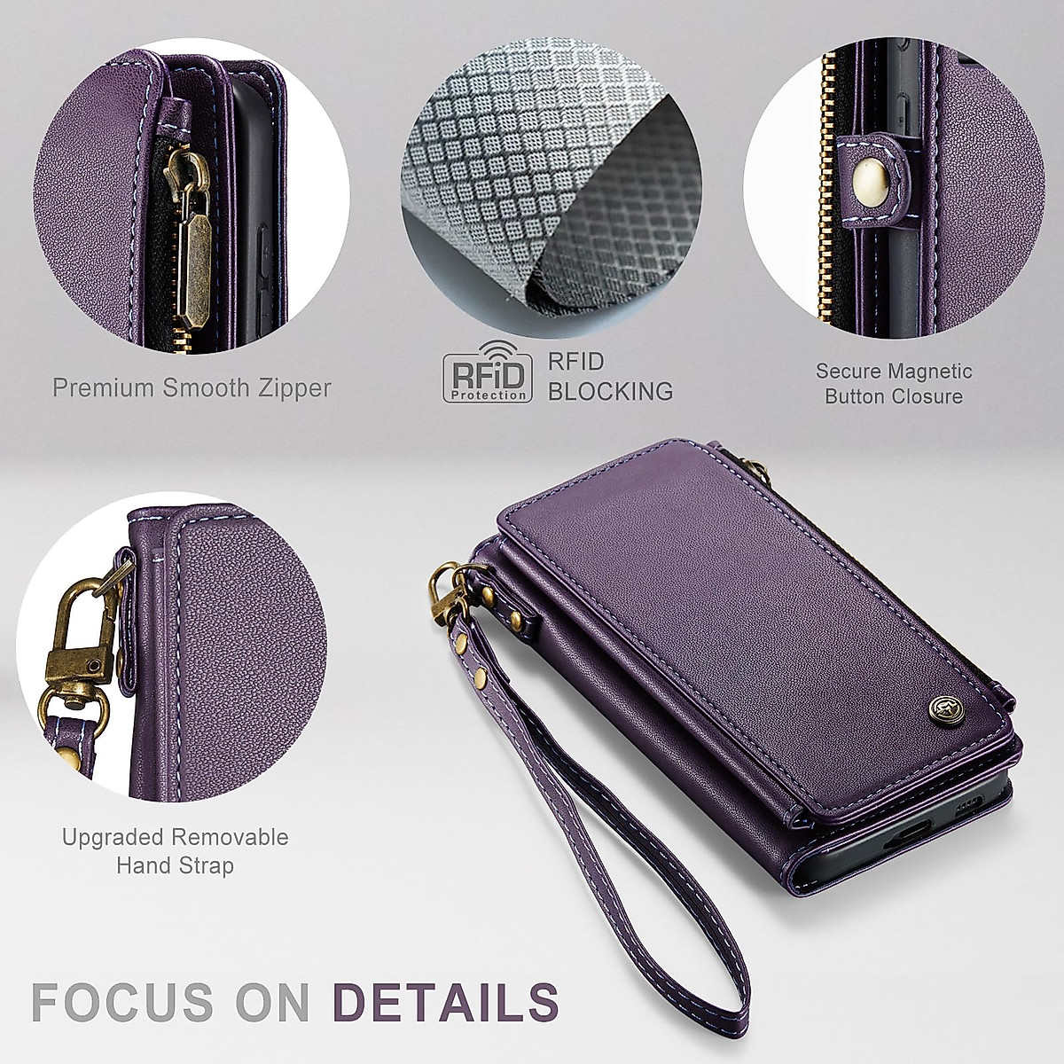 Defencase for Samsung Galaxy S21 Case, RFID Blocking for Galaxy S21 Case Wallet for Women Men with Card Holder, PU Leather Wrist Strap Zipper Pocket Magnetic Flip Phone Case for Samsung S21 5G, Purple