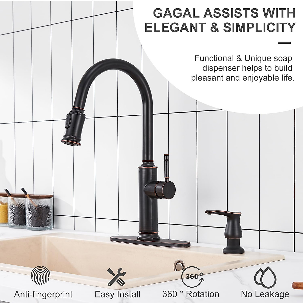 GAGALIFE Kitchen Sink Soap Dispenser Oil Rubbed Bronze, Built in Soap Dispenser with 13 OZ Bottle, Refill from The Top, Liquid Dispenser for Kitchen Sink