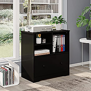 Panana Wood File Cabinet with a Big Drawer, Mobile Lateral Filing Cabinet for Home Office Storage Cabinet Organizer (Black)