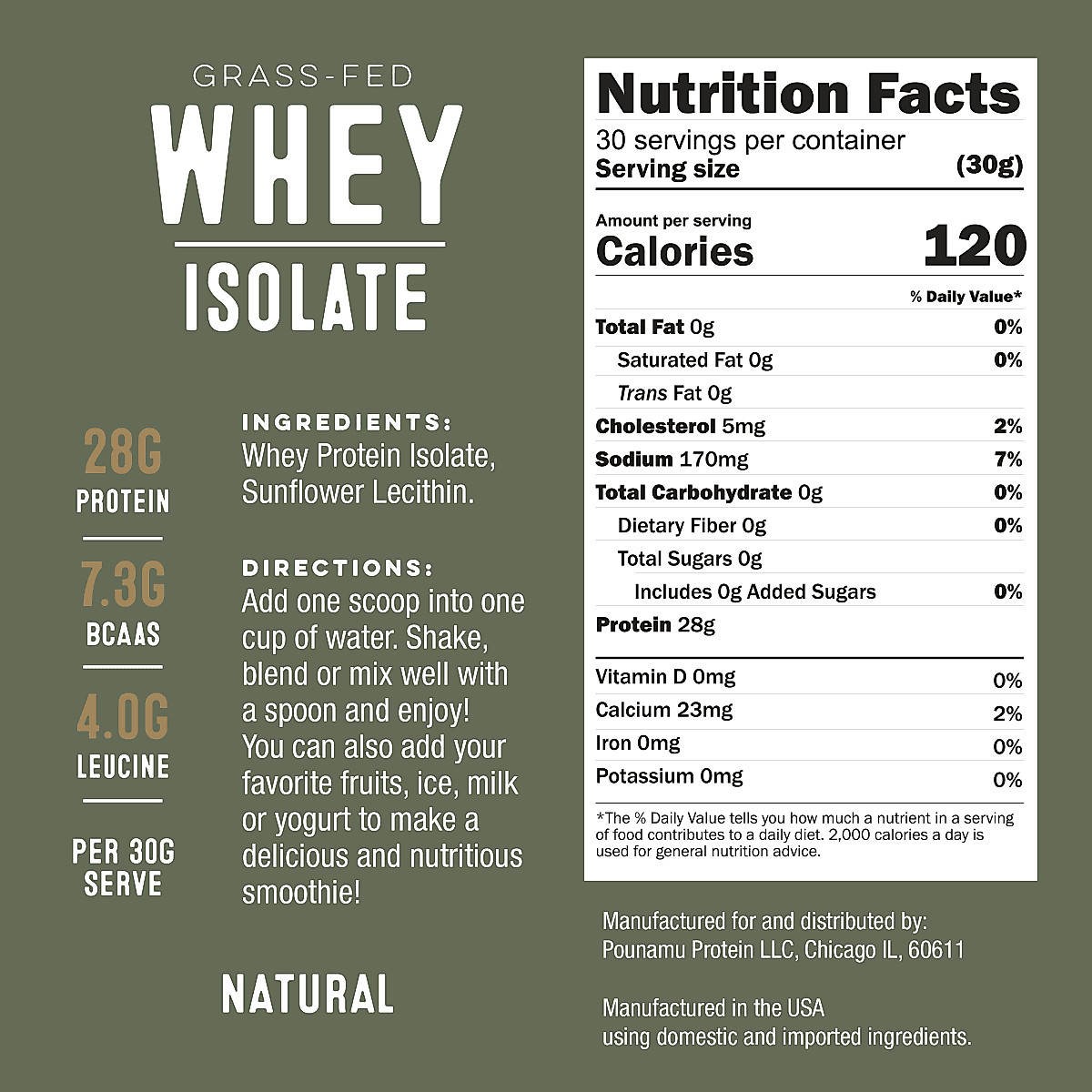 Pounamu Natural Whey Protein Isolate Powder, 28g Protein, 7.3g BCAAs, 4g Leucine | New Zealand Free-Range, Grass-Fed Dairy | Gluten-Free, Keto, Kosher | 2LB, 30 Servings