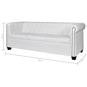 CUSON Chesterfield Sofa 3-Seater | Modern 3-Seat Sofa Couch | Faux Leather Living Room Sofa | White Artificial Leather with Wooden Frame 78.9" x 29.9" x 27.6"
