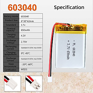 AKZYTUE 3.7V 650mAh 603040 Lipo battery Rechargeable Lithium Polymer ion Battery Pack with PH2.0mm JST Connector