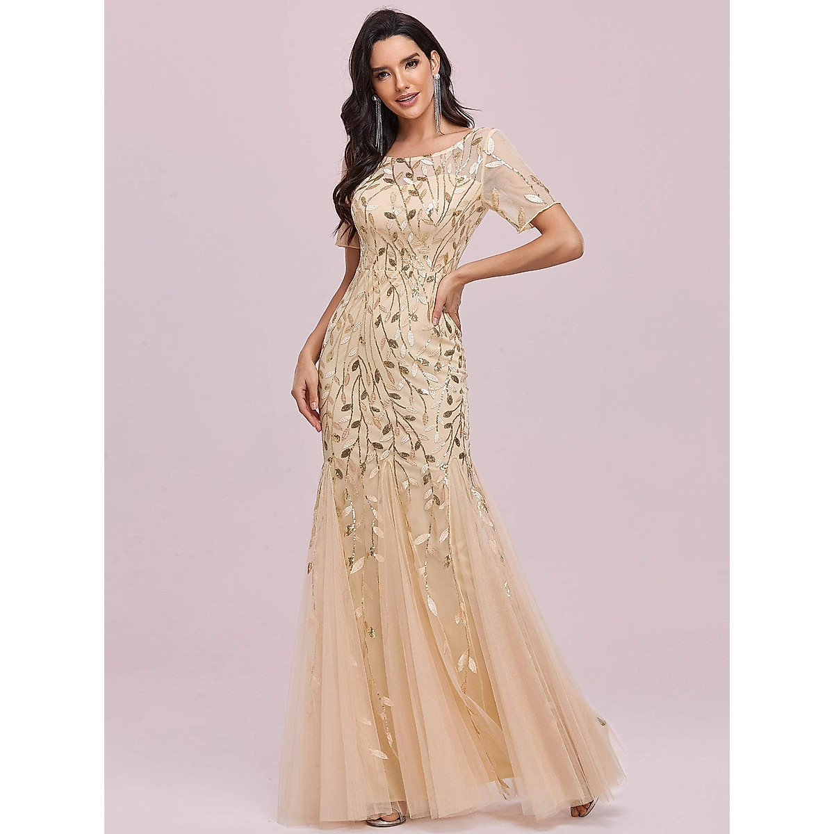 Ever-Pretty Women's Elegant Illusion Short Sleeve Crew Neck Sequin Embroidery Mermaid Evening Dresses Gold US10