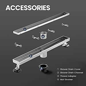 LISEEGO Linear Shower Drain 60 Inch, Shower Drain with 2-in-1 Tile Insert Panel, Brushed AISI 304 Stainless Steel Linear Drain for Fast Drainage, Floor Drain for Bathroom, Kitchen, Garage & More