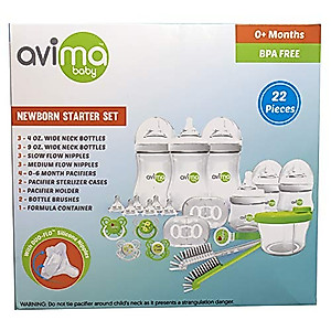 Avima Newborn Baby Bottle Starter Set. Anti-Colic Wide Neck Bottles with Slow and Medium Flow Nipples. 22 Piece Set
