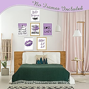 Clabby 6 Pieces Boss Lady Inspirational Wall Art, Motivational Saying Wall Poster, Typography Lady Art Print Wall Decor, Unframed Motivational Print for Women Bathroom Lash Room (Purple)