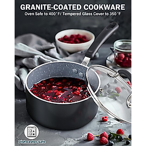 Cook N Home 1-Quart Nonstick Saucepan with Lid, Professional Granite Sauce Pan Non Stick Small Pots for Cooking with Stay-Cool Silicone Handle, Heavy Gauge Aluminum Induction Cookware, Marble