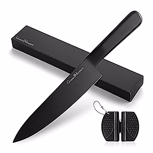 GrandMesser Cooking Chef Knife, 8 Inches Carbon Stainless Steel Kitchen Knife with Sharpener and Ergonomic Handle, Chopping Knife for Professional Use (Titanium Black)
