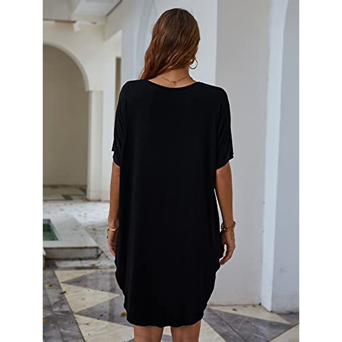 Verdusa Women's Half Sleeve Scoop Neck High Low Long Tee Top Oversized T Shirts Black XL