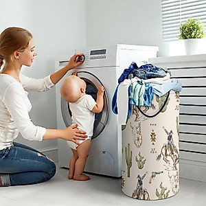 LNDDYTP Watercolor Cartoon Western Cowboy Laundry Hamper Dirty Clothes,Rustic American Western Desert Cactus Horse Cow Skull Large Laundry Basket Storage Basket For Bathroom 15.7W"" X27.2H""