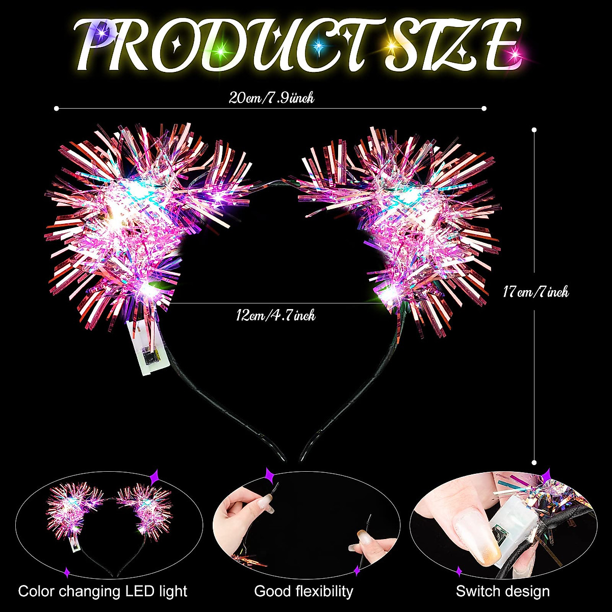 60 Pack Light up Cat Ears Headband Bulk Multicolor Cute Glow Headband Party Rave Hair Accessories for Women Girls Kids Festival Birthday Party Accessories