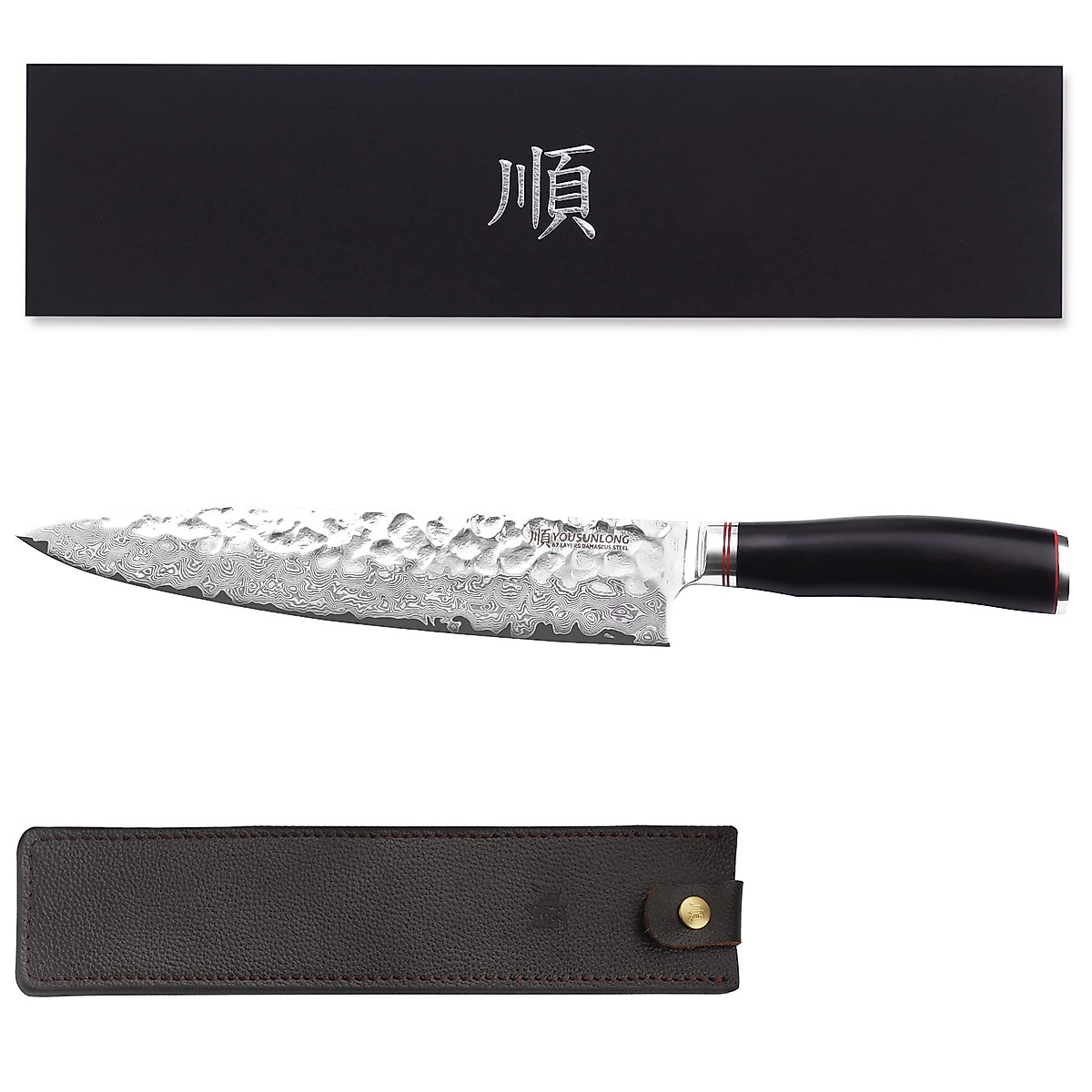 YOUSUNLONG Gyuto 10 inch Pro Chef's Knives Japanese Hammered Damascus Natural Leadwood Handle with Leather Sheath