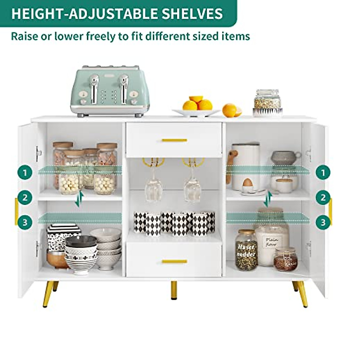 YITAHOME Sideboard Buffet, Buffet Cabinet Storage Credenza w/Adjustable Shelf, Wine Glass Holder, Drawers, Modern White & Gold Dresser 300 lbs Capacity for Living Room, Kitchen, Dining Room, White