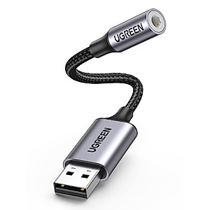 UGREEN USB to 3.5mm Jack Audio Adapter USB Sound Card Support Mic TRRS Headphone DAC 24bit 96kHz Nylon Braided USB to Aux Jack Compatible with Windows Mac Linux PC PS5 PS4 Switch Speaker, 9.8 Inch