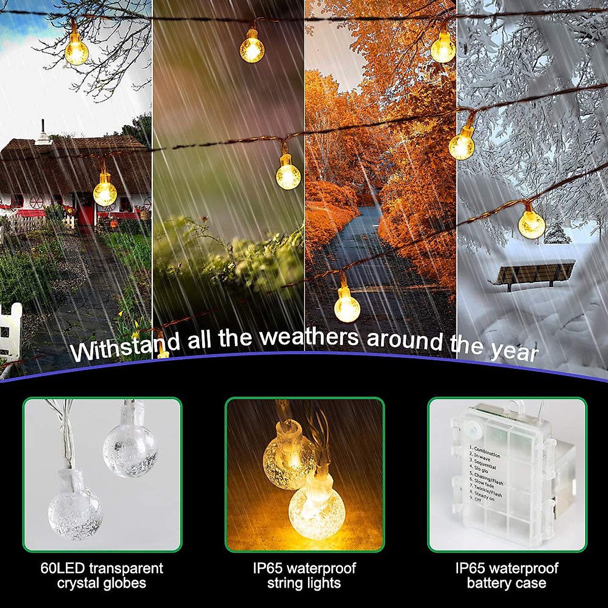 Metaku Globe String Lights Fairy Battery Operated 26ft 60LED with Remote Waterproof Indoor Outdoor Hanging Decorative Christmas for Home Party Patio Garden Wedding