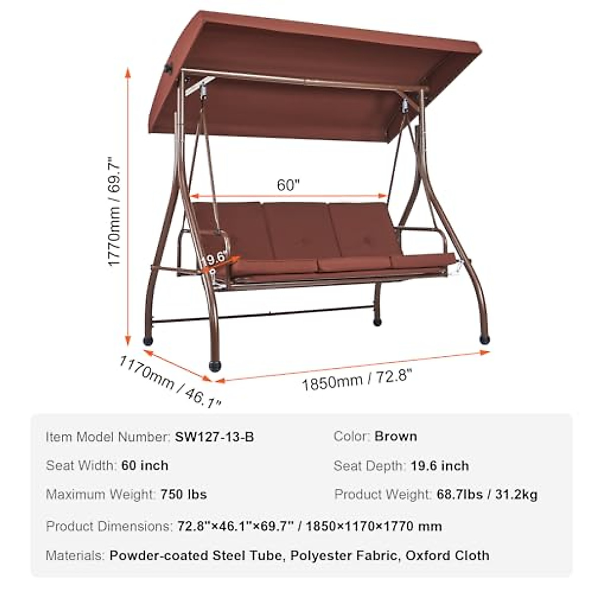 VEVOR 3-Seat Patio Swing Chair, Converting Canopy Swing, Outdoor Patio Porch with Adjustable Canopy, Removable Thick Cushion and Alloy Steel Frame, for Balcony, Backyard, Poolside, Brown