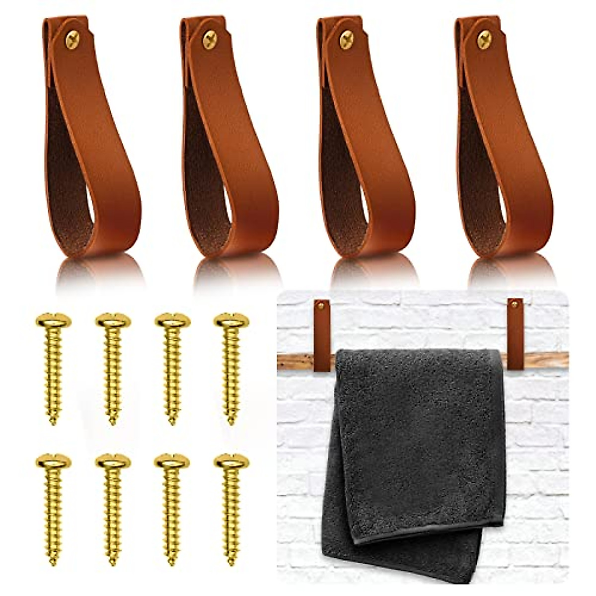 Abeillo 4 Pcs Medium Leather Wall Hooks, Artificial Leather Straps Hanger Wall Mounted Towel Hook Hanging Strap Holder for Bathroom Kitchen Bedroom Nordic Boho Decor (Brown)