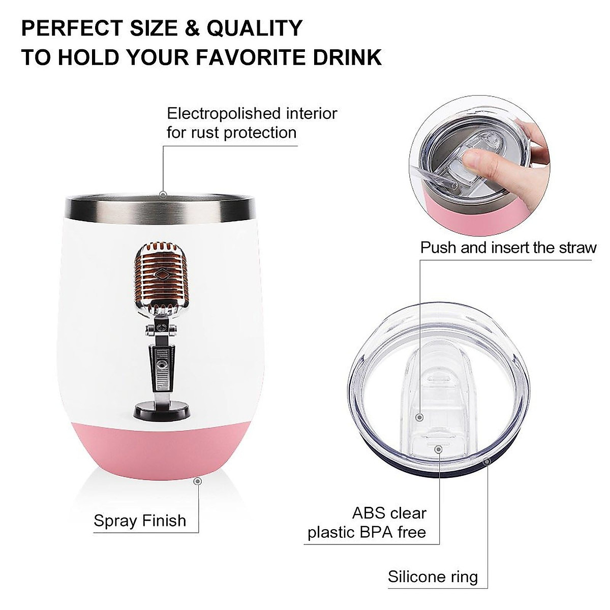 Vintage Microphone Printed Thermos Cup Stainless Steel Travel Mugs Stemless Double Wall Insulated Coffee Cup Insulated Wine Glasses Travel Tumbler for Cold & Hot Drinks