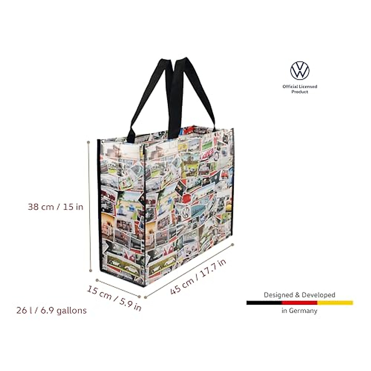 BRISA VW Collection - Volkswagen Reusable Shopping Grocery Bag with T1 Bus Motif (Stamps/Multicolor)