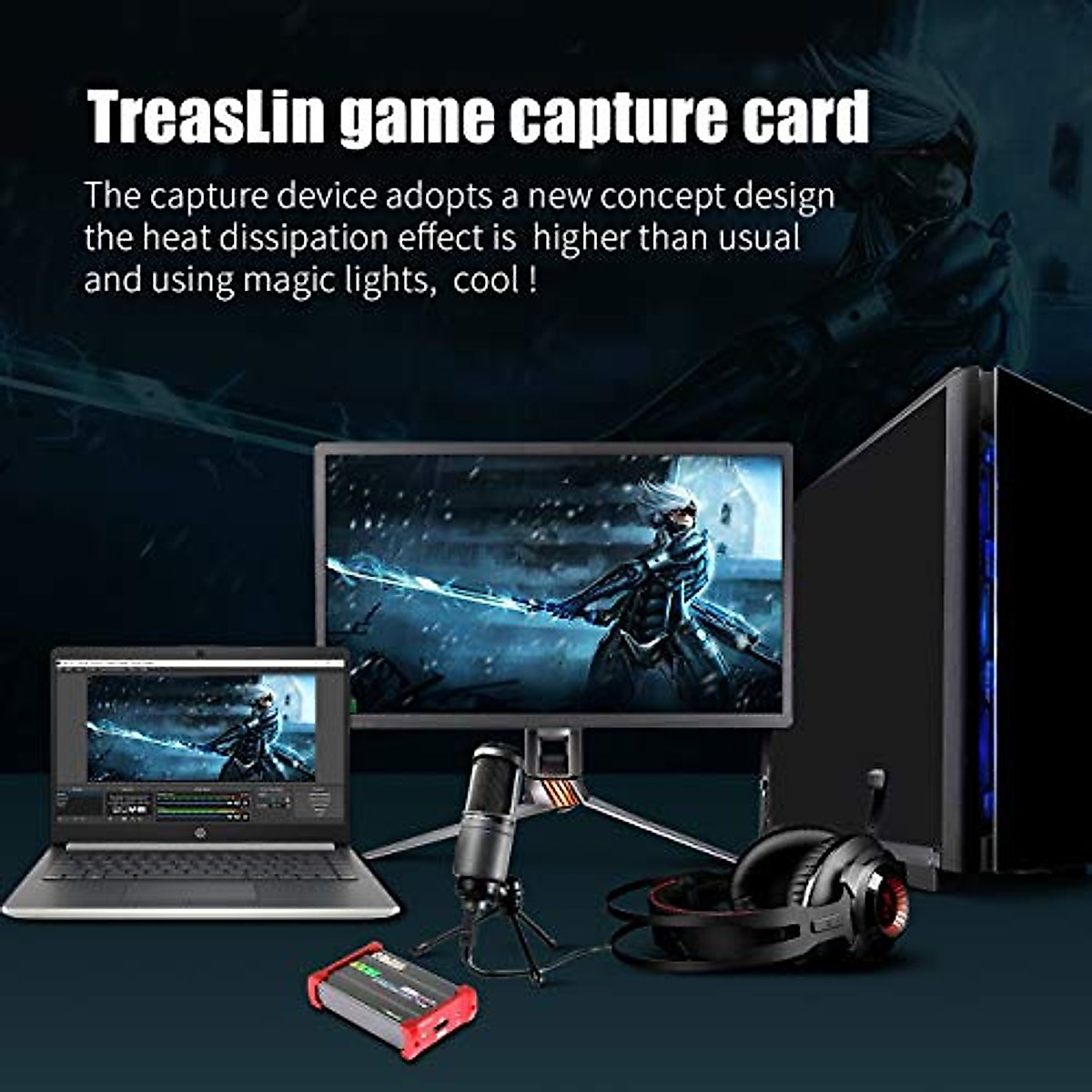 TreasLin Capture Card 4K 60FPS Game USB3.0 Capture, Video HDMI Cool Capture Card Live Streaming Share for PS5 PS4 Switch Wii U DSLR Xbox on OBS, Windows, Mac, Zero Latency HDMI Pass-through
